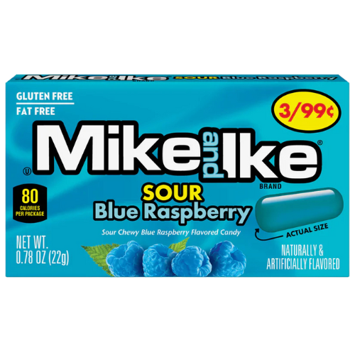 Mike & Ike Sour Blue Raspberry 24x22g (small) – Candy Cargo